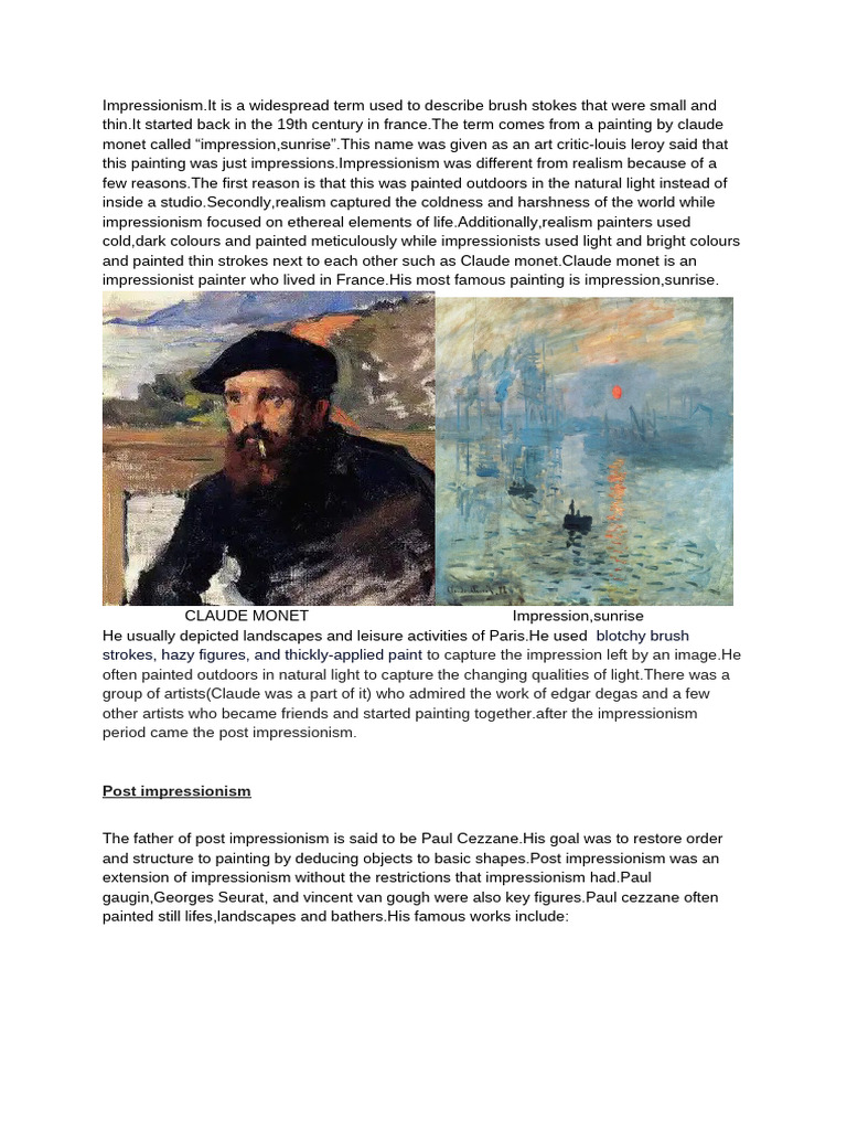 Impressionism and Post Impressionism | PDF | Impressionism | Claude Monet