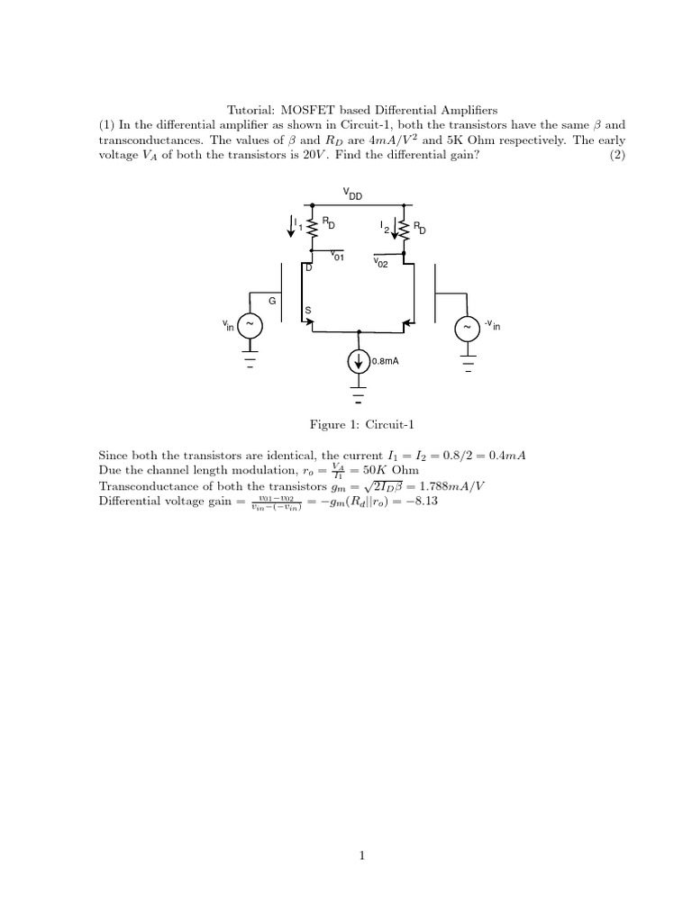 Differential Amplifier Tutorial Soln | PDF | Mosfet | Transistor