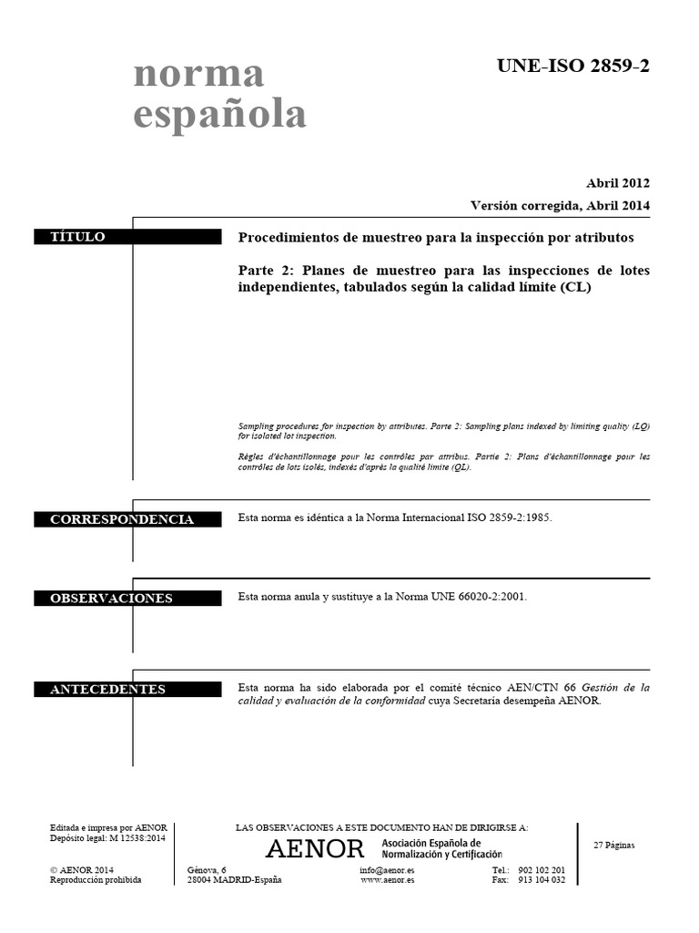 Une Iso - 2859 2 2012 | PDF | Organización internacional para la estandarización | Estandarización