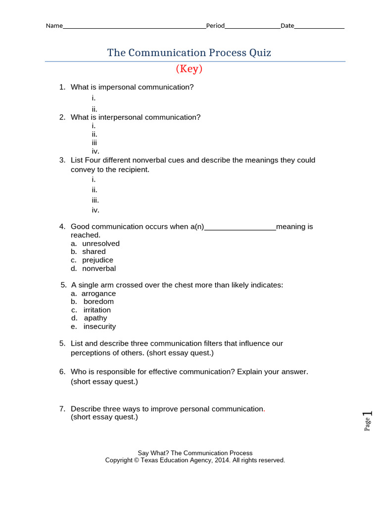 The Communication Process Quiz - SHPRT Essay Question | PDF