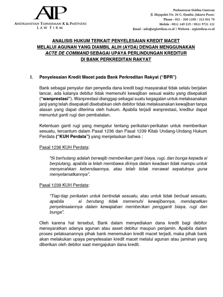 Draft Analisis Hukum terkait Penyelesaian Kredit Macet melalui AYDA dengan menggunakan Acte de ...