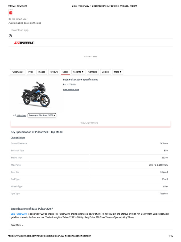 Bajaj Pulsar 220 F Specifications & Features, Mileage, Weight | PDF ...
