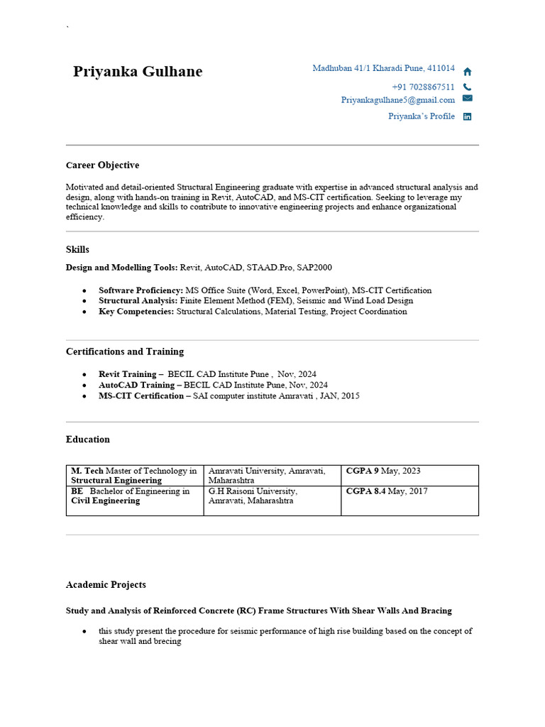 Cv Priyanka Gulhave REVIT | PDF | Structural Analysis | Engineering