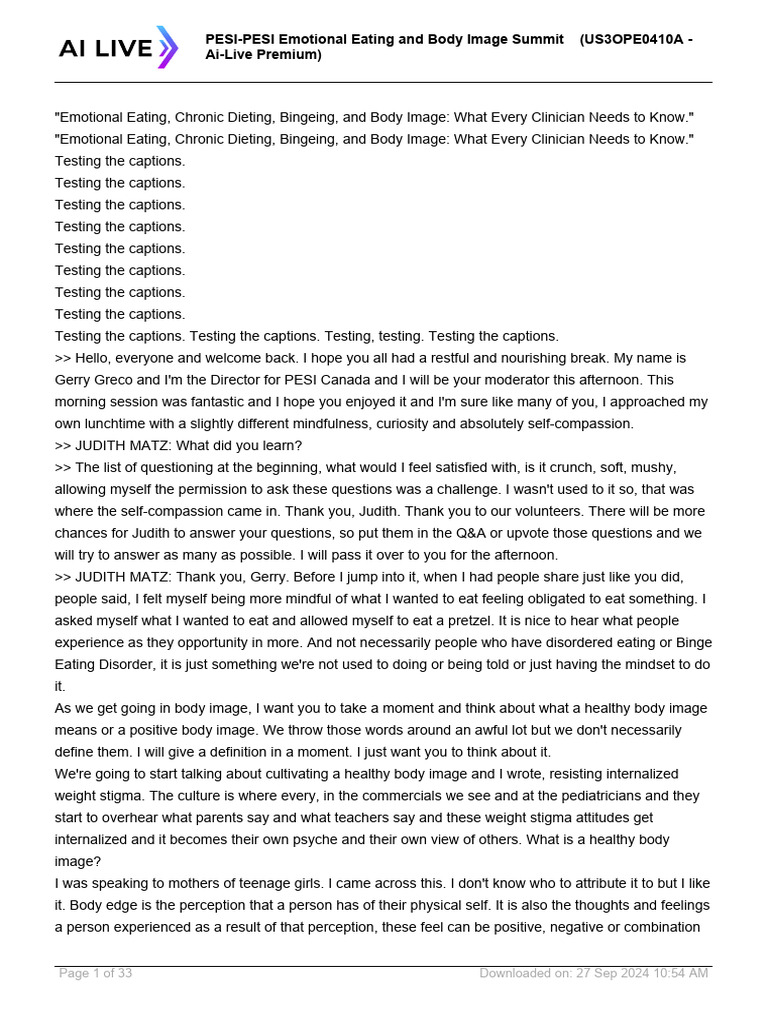 Transcript Emotional Eating Body Image PM | PDF | Body Image | Thought