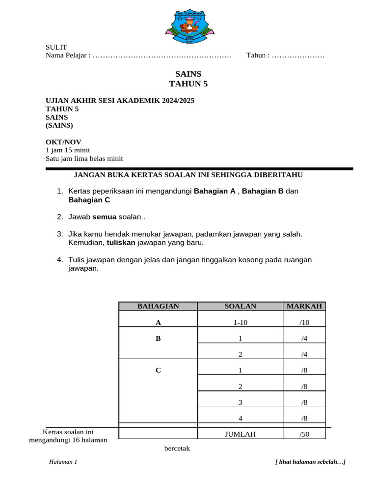 Uasa MT THN 5 Set 1 2024 2025 by Cikgu Gorgeous | PDF