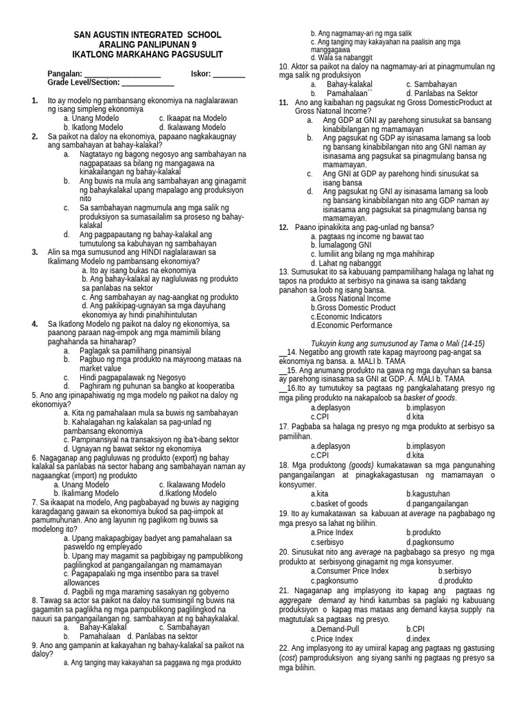 3RD QR. AP 9 Exam | PDF