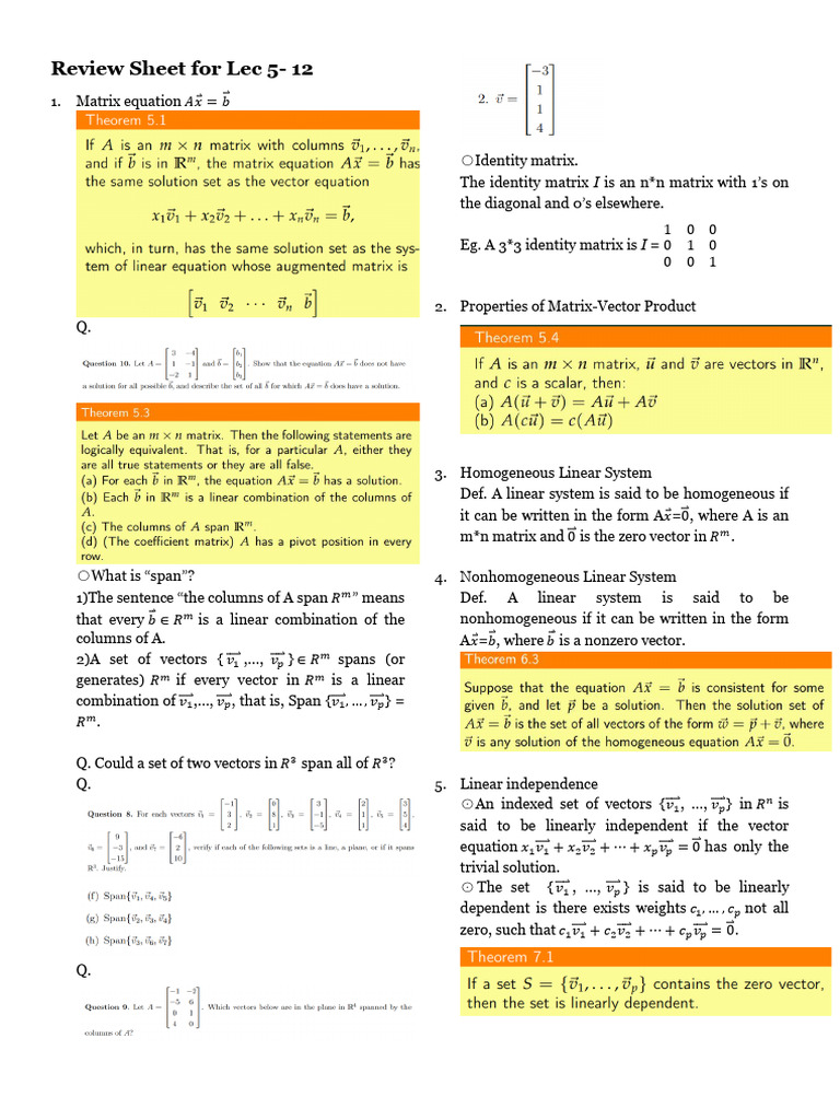 Review Sheet For Quiz2 & Midterm | PDF | Matrix (Mathematics) | Determinant