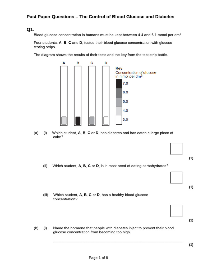 Blood Glucose Control & Diabetes Questions | PDF | Diabetes | Glucose