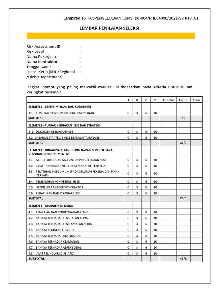 Lampiran 16 Lembar Penilaian Seleksi Rev. 01 | PDF