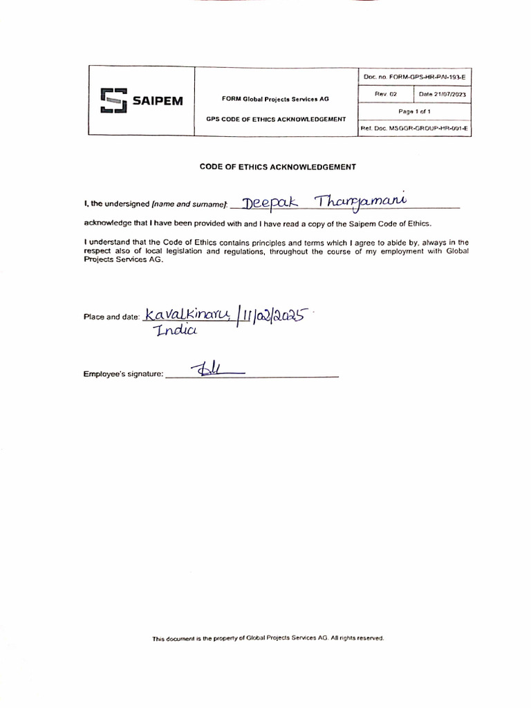 Codes of Ethics Acknowledgement | PDF