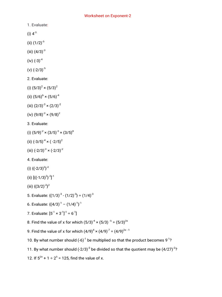 Exponent Evaluation Worksheet | PDF