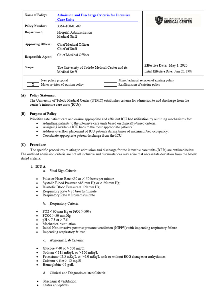 ICU Admission and Discharge Policy | PDF | Intensive Care Unit | Blood ...