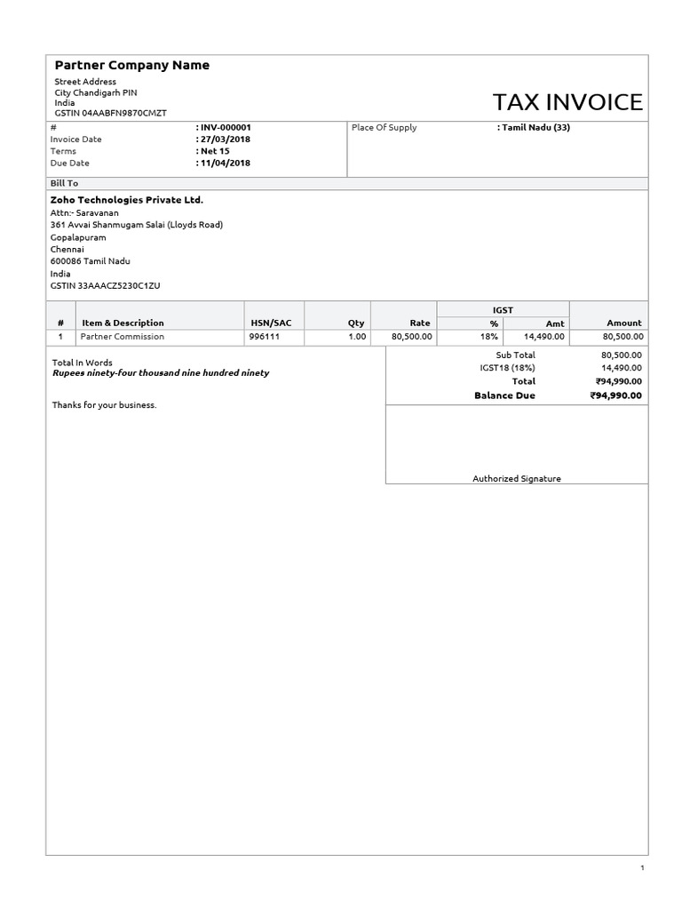 Zoho India Sample Invoice 2020 | PDF