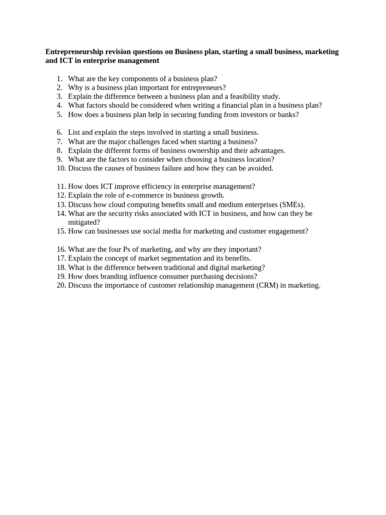 Entrepreneurship Revision Questions | PDF