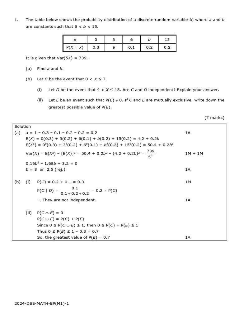 2024 M1 Detailed Solution | PDF | Probability Distribution | Standard Deviation