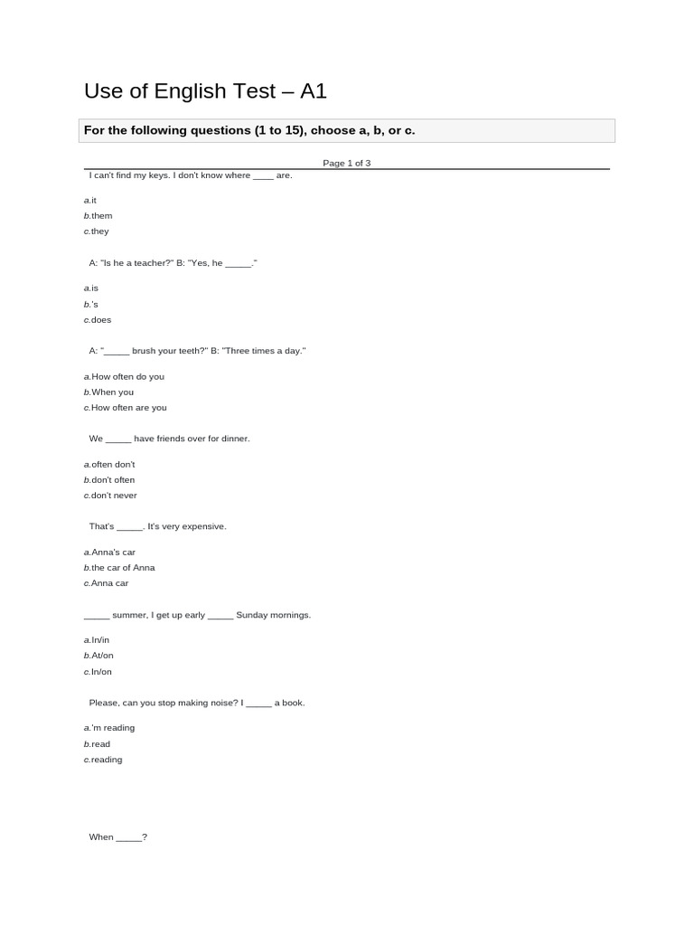 A1 English Use Test Questions | PDF