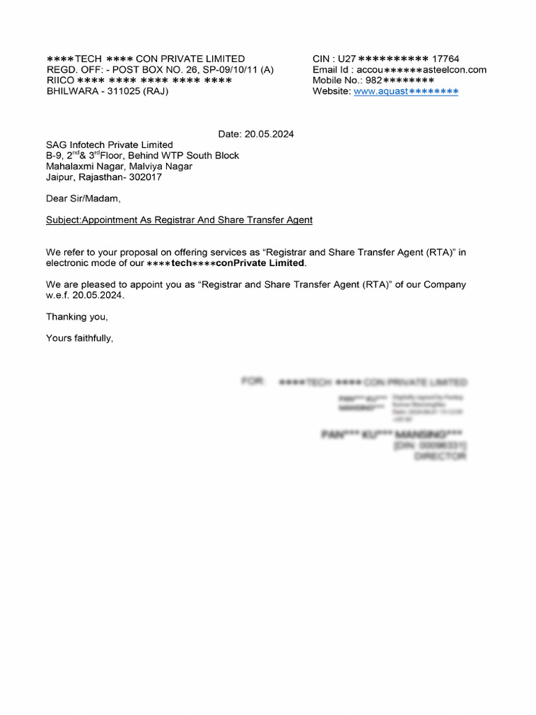 Appointment Letter of RTA | PDF