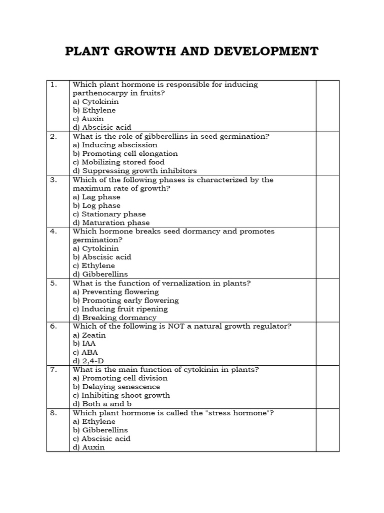 Plant Hormones and Growth Quiz | PDF | Plant Hormone | Cellular ...