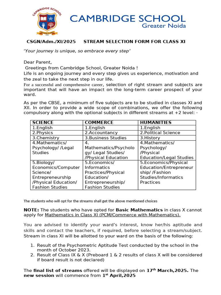 Class XI Admission Performa - Session 2025 | PDF