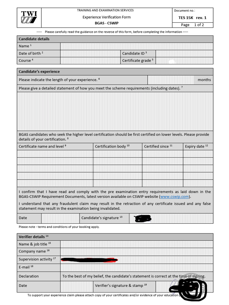 BGAS G2 Experience Verification Form | PDF | Signature