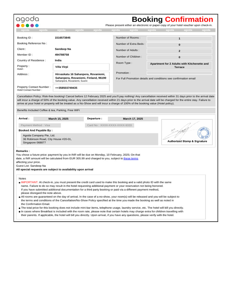 Agoda Booking Confirmation for Villa Virpi | PDF