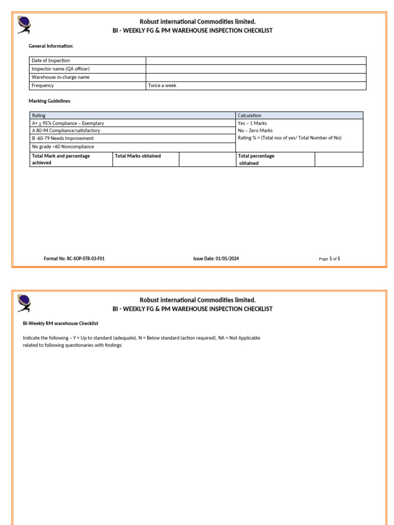 Bi - Weekly FG & PM Warehouse Inspection Checklist | PDF | Quality