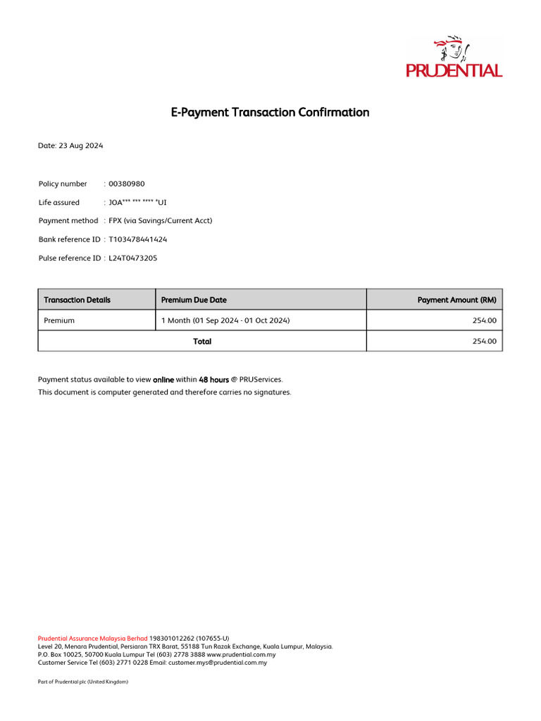 E-Payment Confirmation for Premium 254.00 | PDF