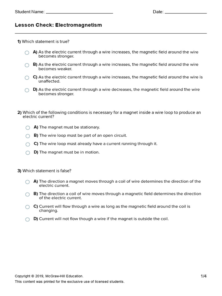 Lesson Check_ Electromagnetism | PDF | Magnetic Field | Electric Current