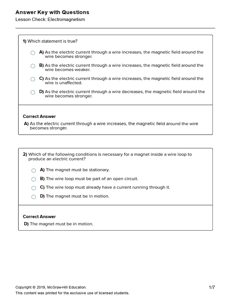 Lesson Check Answer Key_ Electromagnetism | PDF | Magnetic Field ...