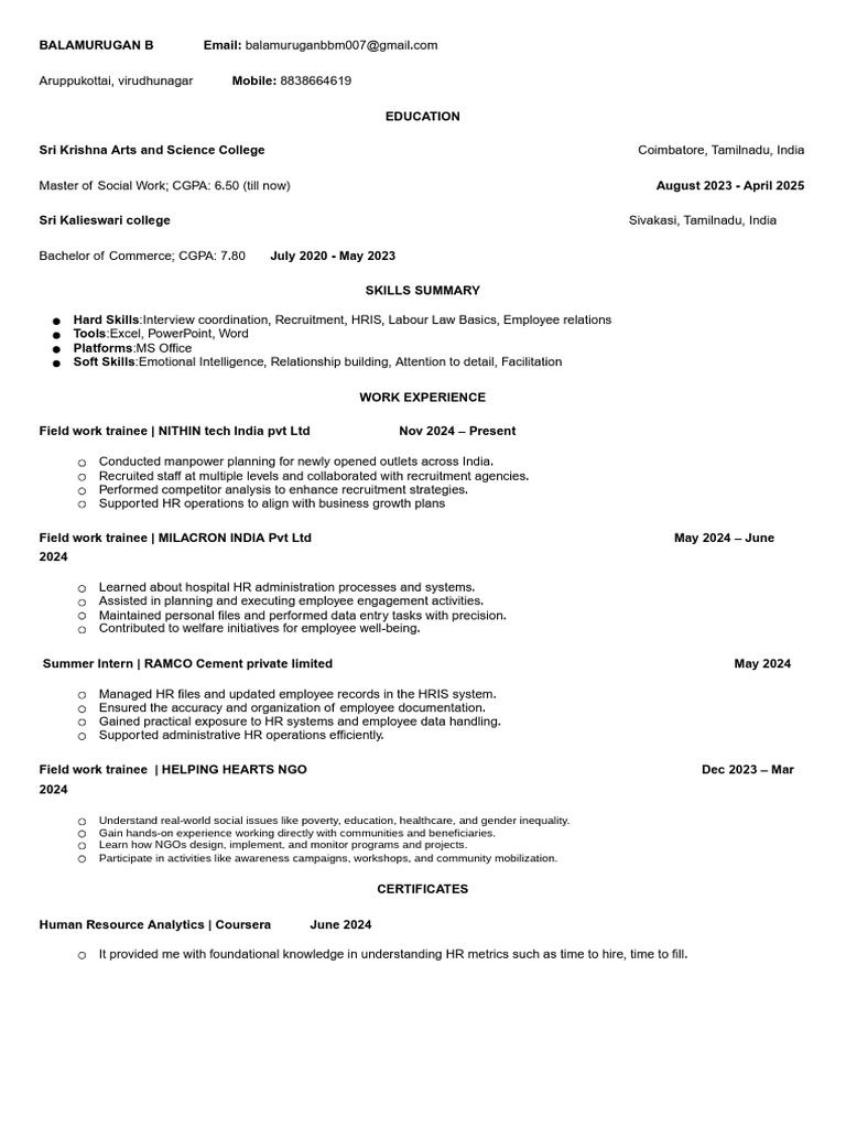 Balamurugan Resume - Docx - 20250125 - 153426 - 0000 | PDF | Human Resources | Recruitment