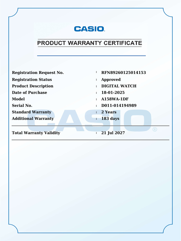 Casio Watch Warranty Registration Details | PDF