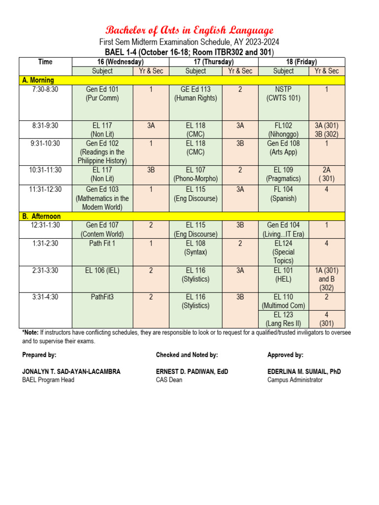 Exam Schedule BAEL Midterms 1st Sem | PDF | Linguistics | Human Communication