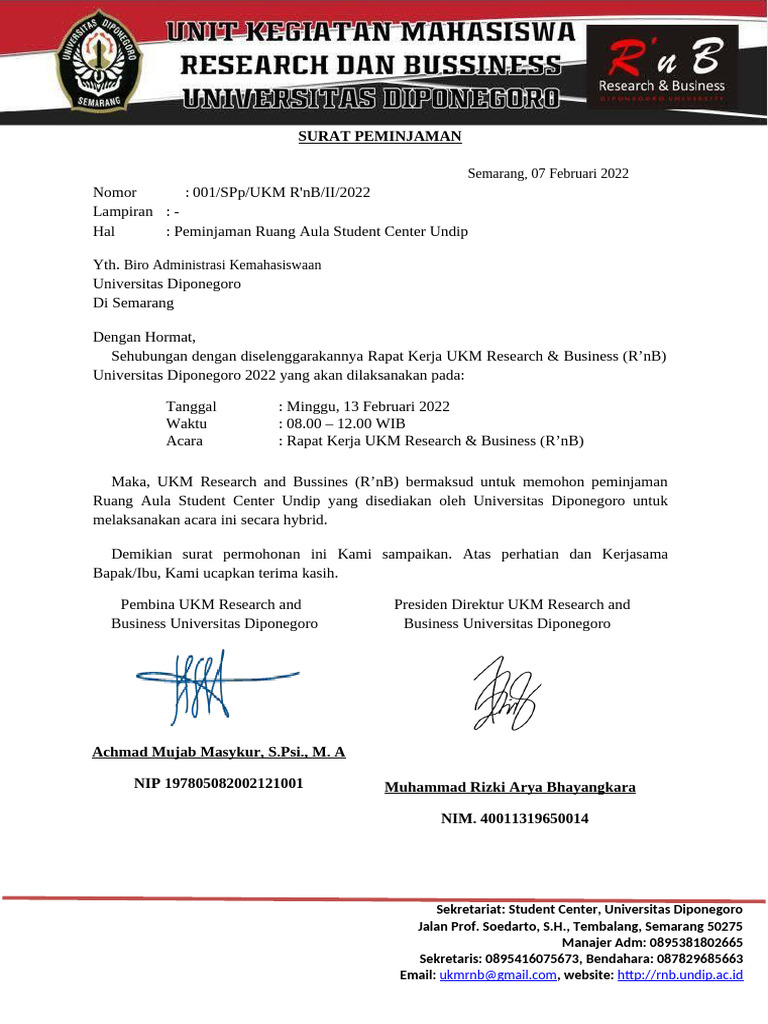 Surat Peminjaman Aula SC | PDF