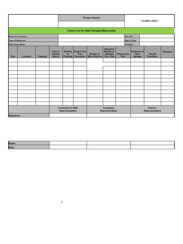 Check List For Web Slings (Lifting Tools) HSE Checklist | PDF