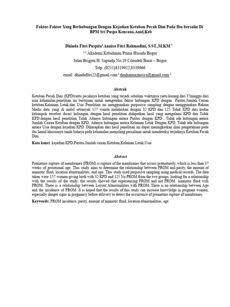 Faktor-Faktor Yang Berhubungan Dengan Kejadian Ketuban Pecah Dini Pada ...