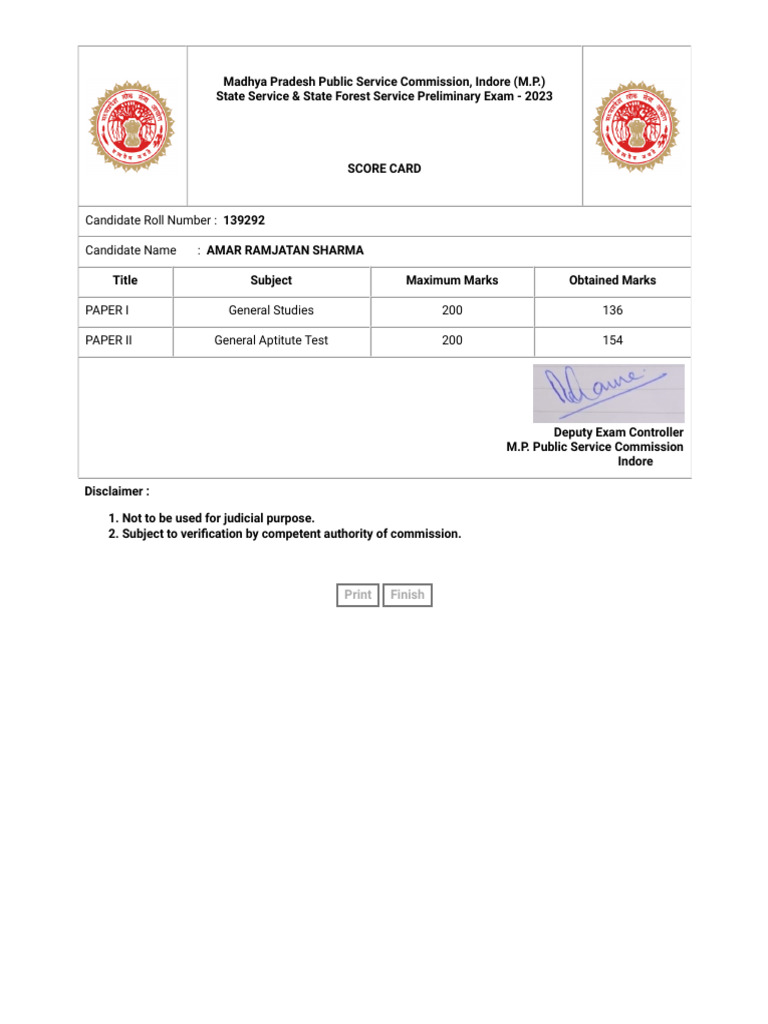 MPPSC 2023 Score Card for Candidates | PDF