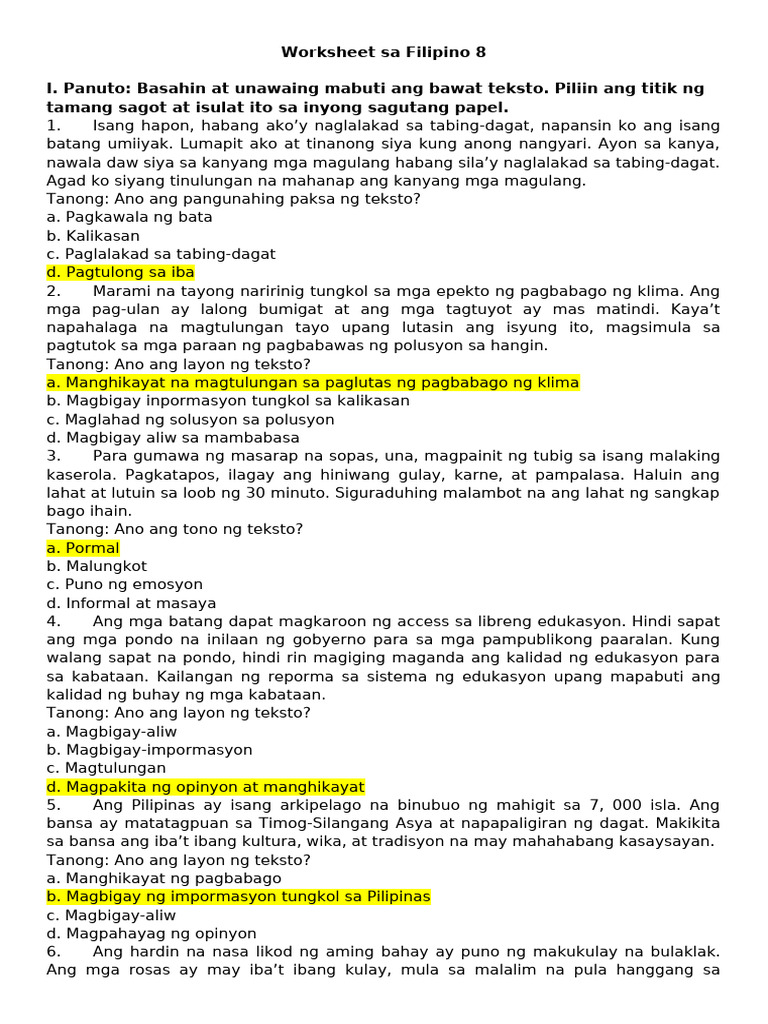 Worksheet Sa Filipino 8 (Paksa, Layon, Tono) | PDF