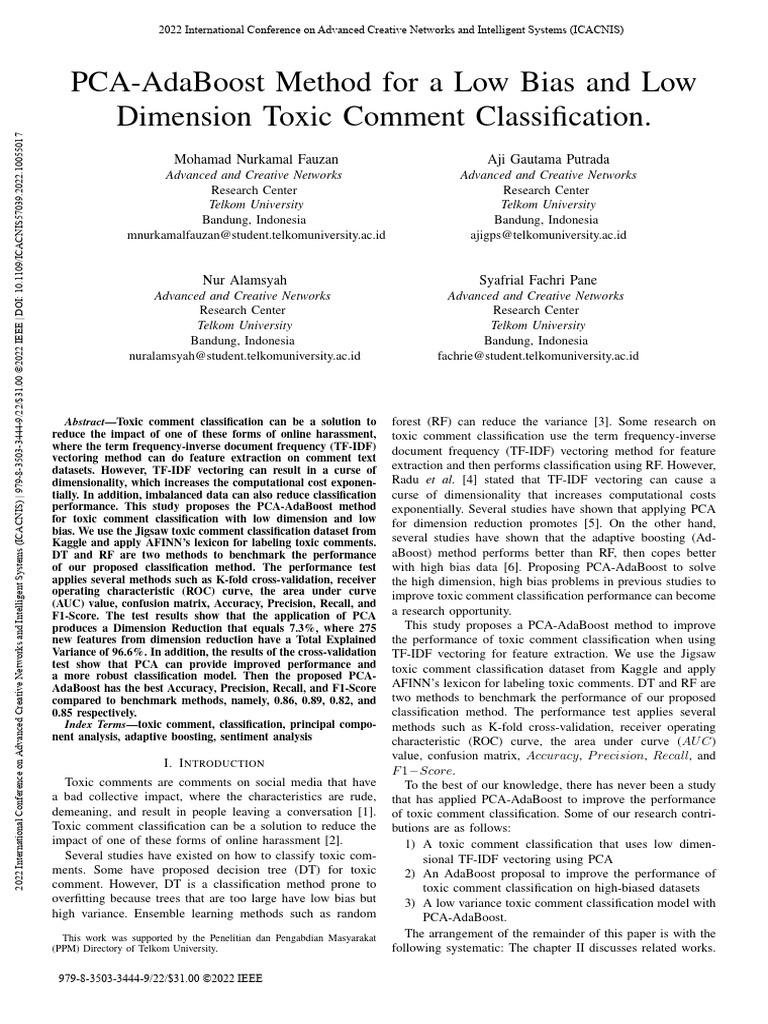 PCA-AdaBoost Method For A Low Bias and Low Dimension Toxic Comment Classification. | PDF ...