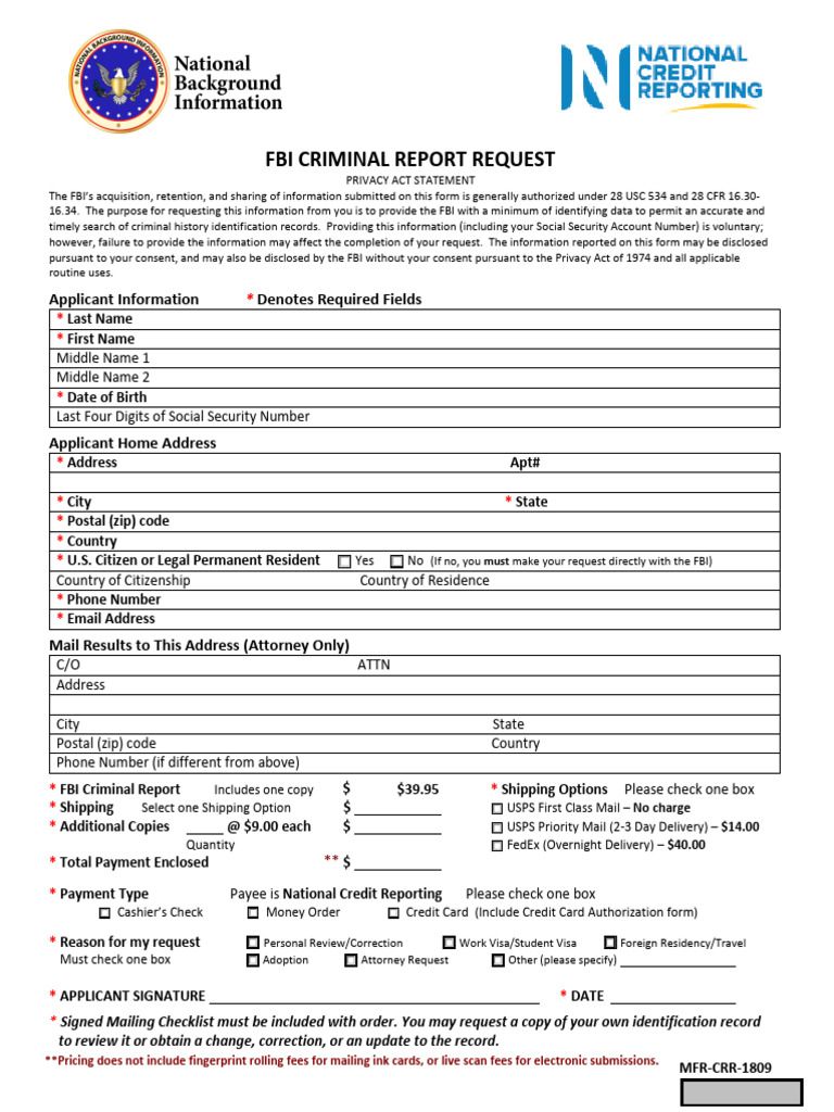 FBI Criminal Report Request | PDF | United States Postal Service | Mail