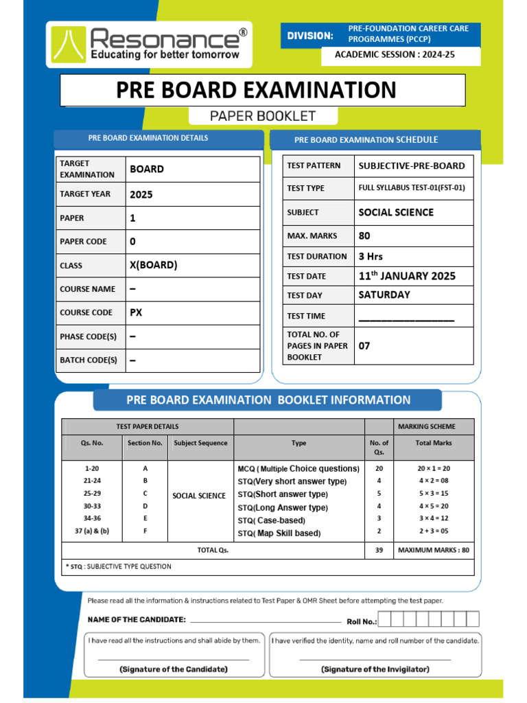 Pre Board - FST-1 - SST - X - PC | PDF