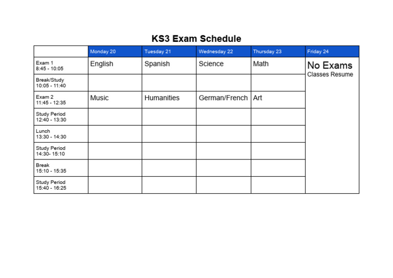 KS3 Exam Schedule | PDF