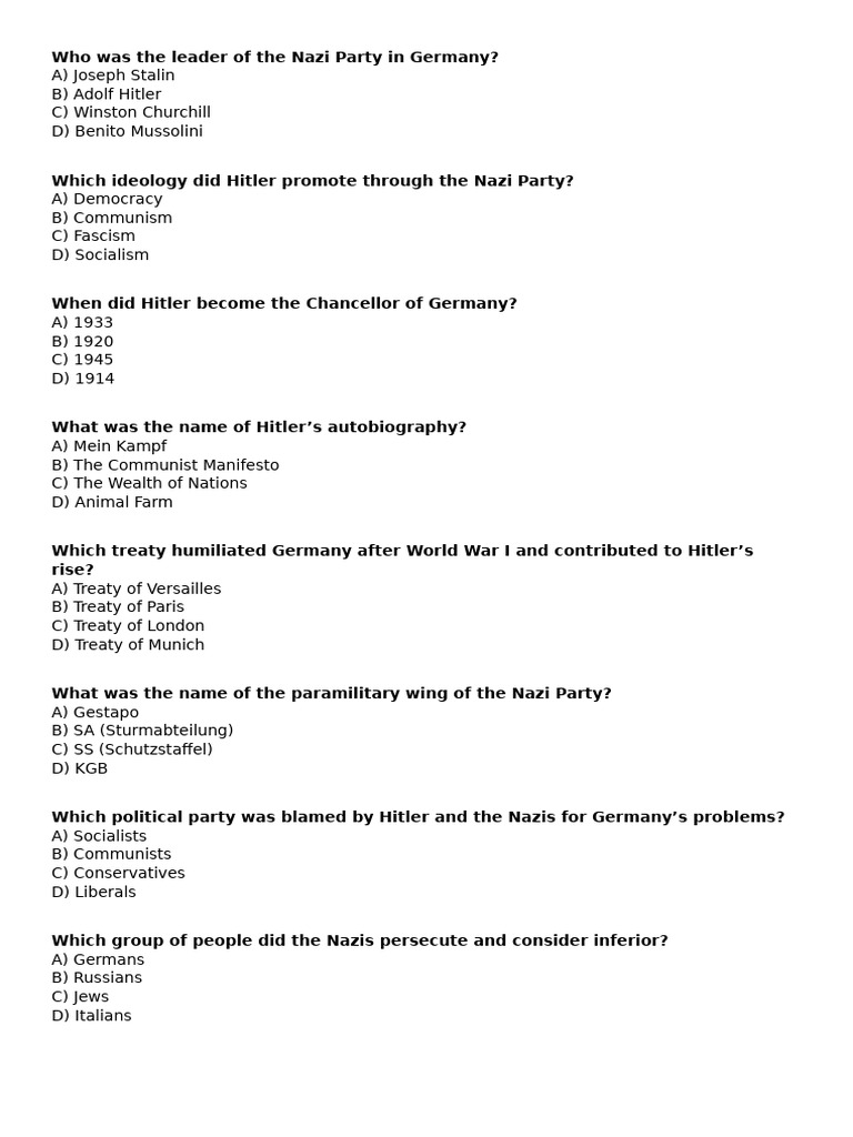 class 9 test | PDF | Nazi Germany | Adolf Hitler