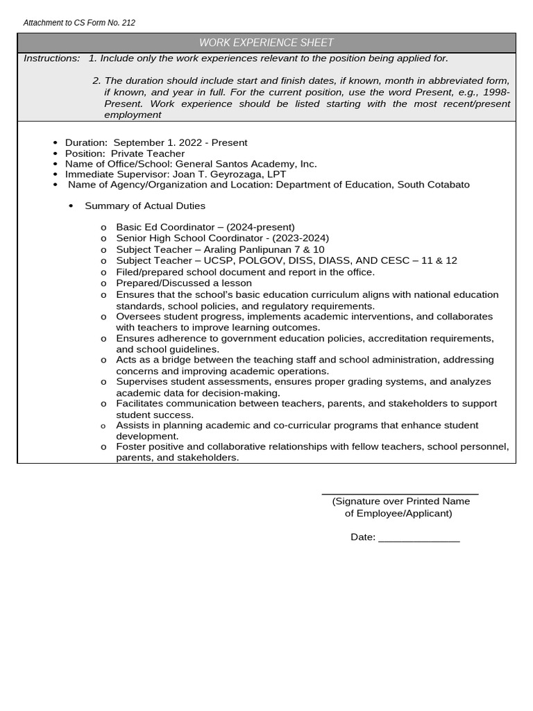 CS Form No. 212 Attachment - Work Experience Sheet | PDF | Teachers ...