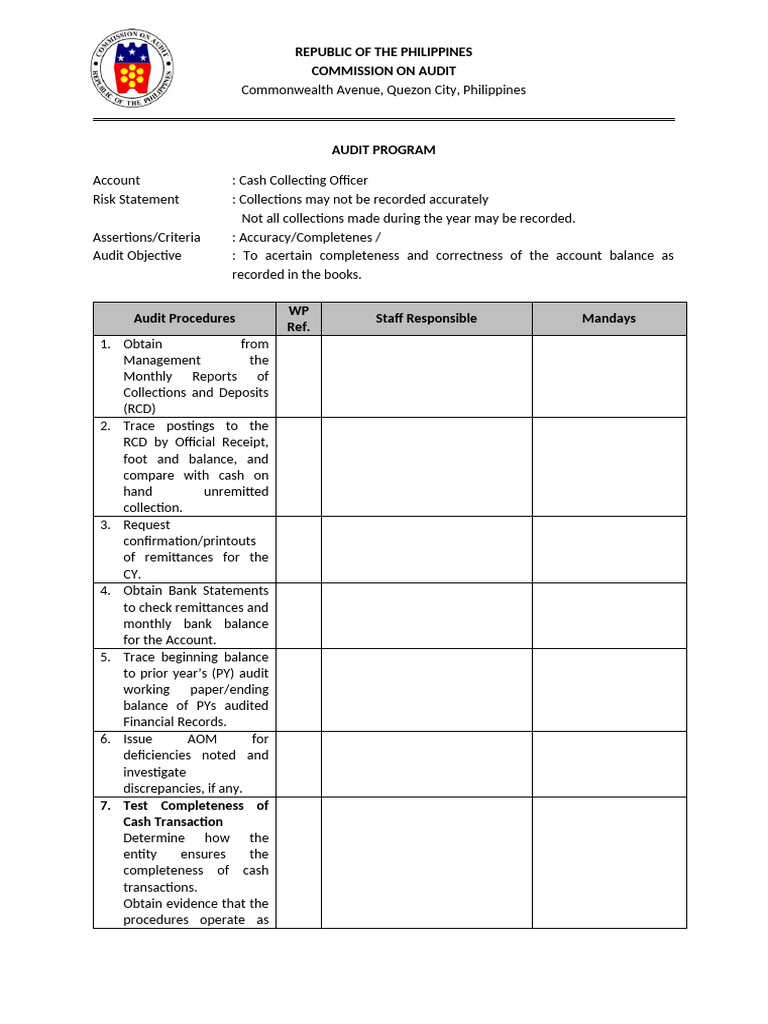 Audit Program for Cash Collections | PDF