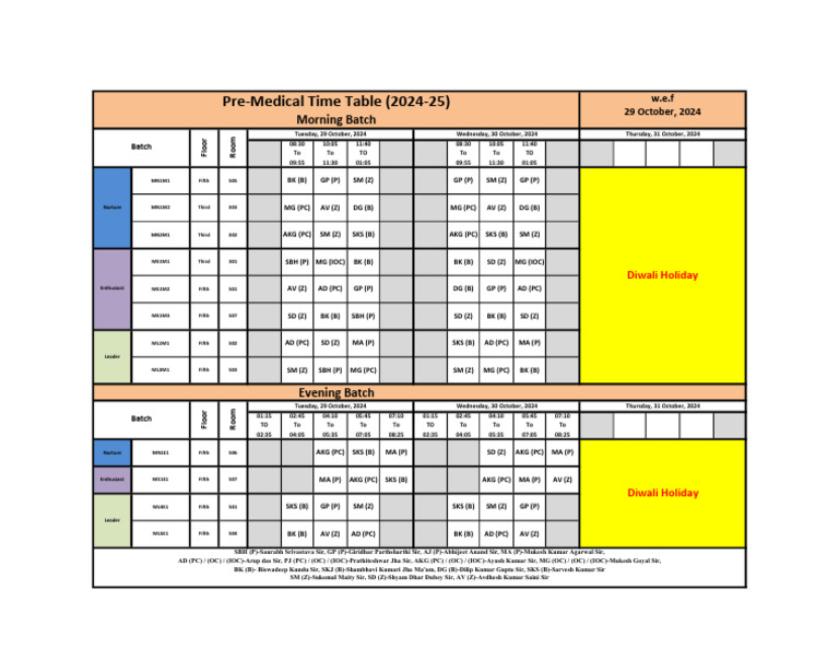 Pre-Medical - TimeTable (2024-25) 29 October to 31 October | PDF