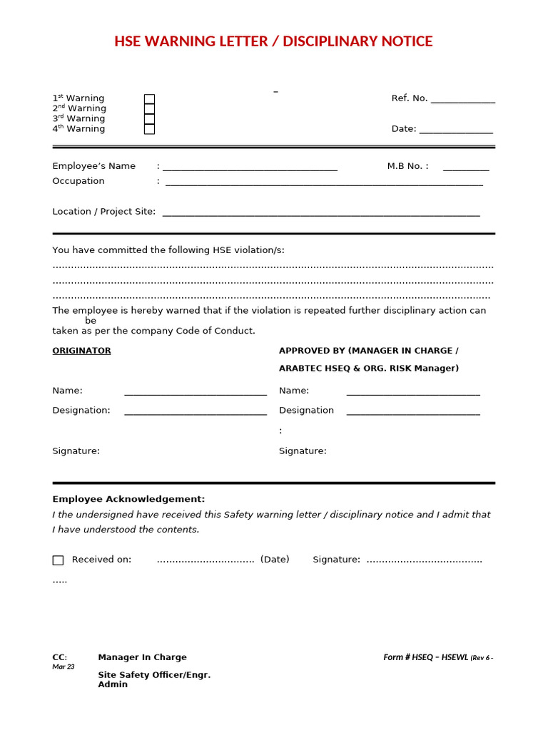 HSE Disciplinary Warning Letter Template | PDF