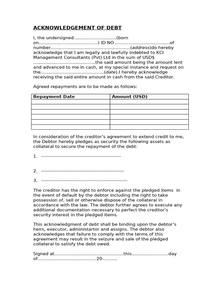 Debt Acknowledgement and Pledge Form | PDF