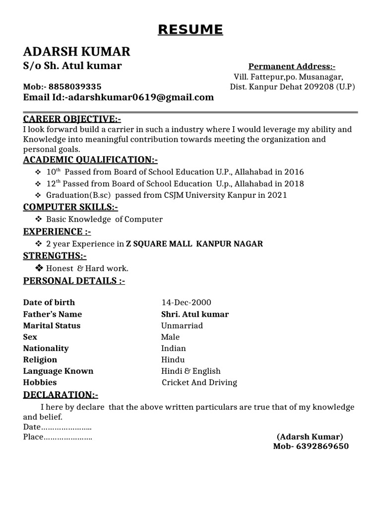 Adarsh Kumar Resume 2023 | PDF