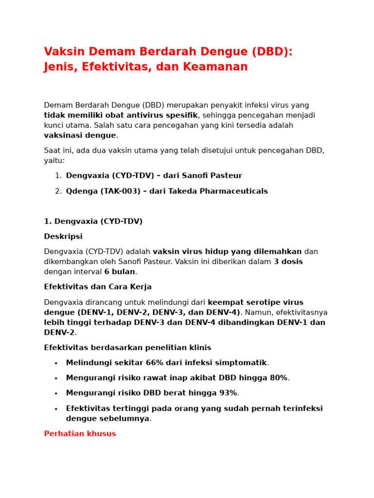 Jenis Vaksin Demam Berdarah | PDF