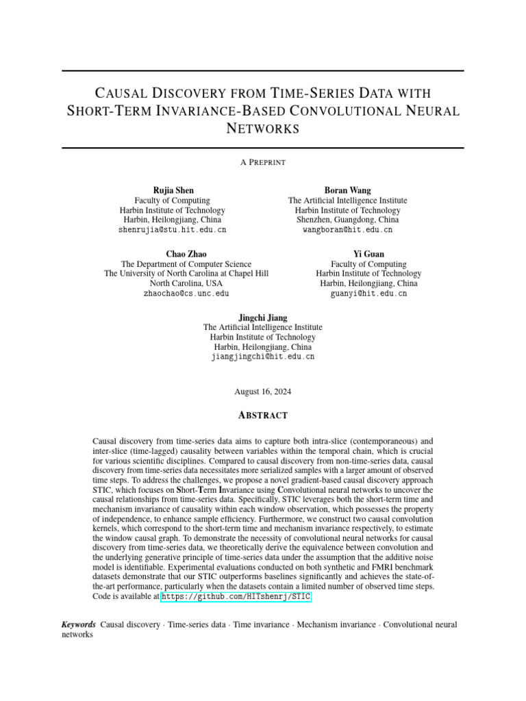 Causal Discovery From Time Series Data With Short Term Invariance Based Convolutional Neural
